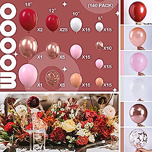 PartyWoo 140 pcs Burgundy Red and Pink Balloon Garland, Double-stuffed Burgundy Balloons, Metallic Rose Gold Wine Red Light Pink Balloon Arch Kit for Birthday Decorations, Baby Shower, Wedding
