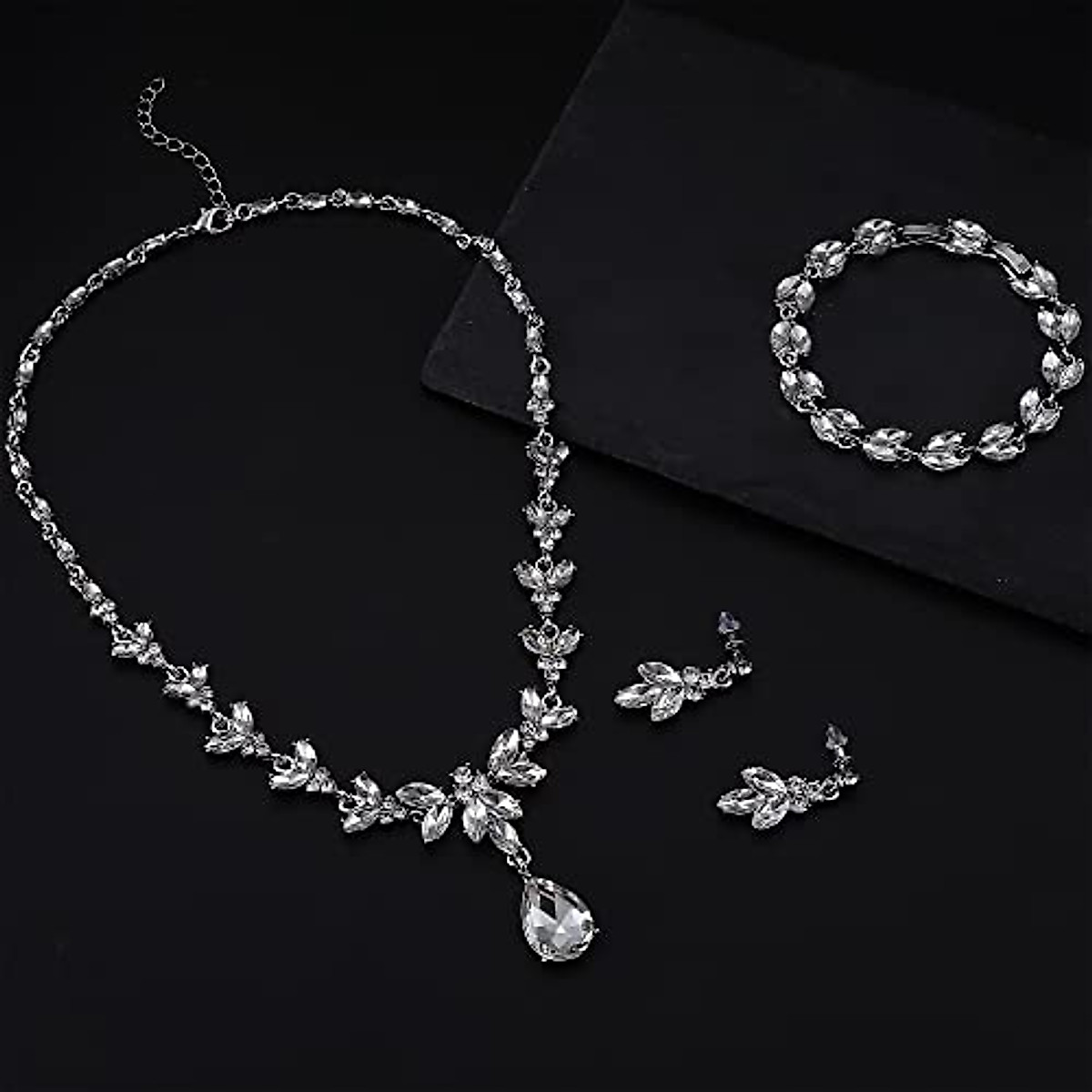 FIBO STEEL Wedding Jewelry for Bride Bridesmaid Crystal Rhinestone Teardrop Earrings Necklace Bracelets Jewelry Set for Women Party Wedding Prom Jewelry Adjustable B