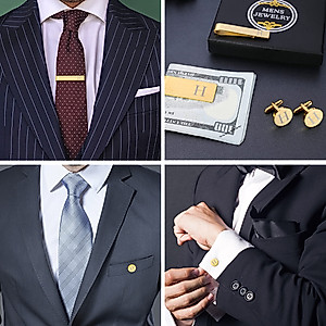 LOYALLOOK 4Pcs Stainless Steel Engraved Initial Cufflinks and Tie Bar Money Clip Set Personalized Button Shirt Initials Tie Clip Alphabet Letter A-Z for Best Man Groom Wedding Business Letter J