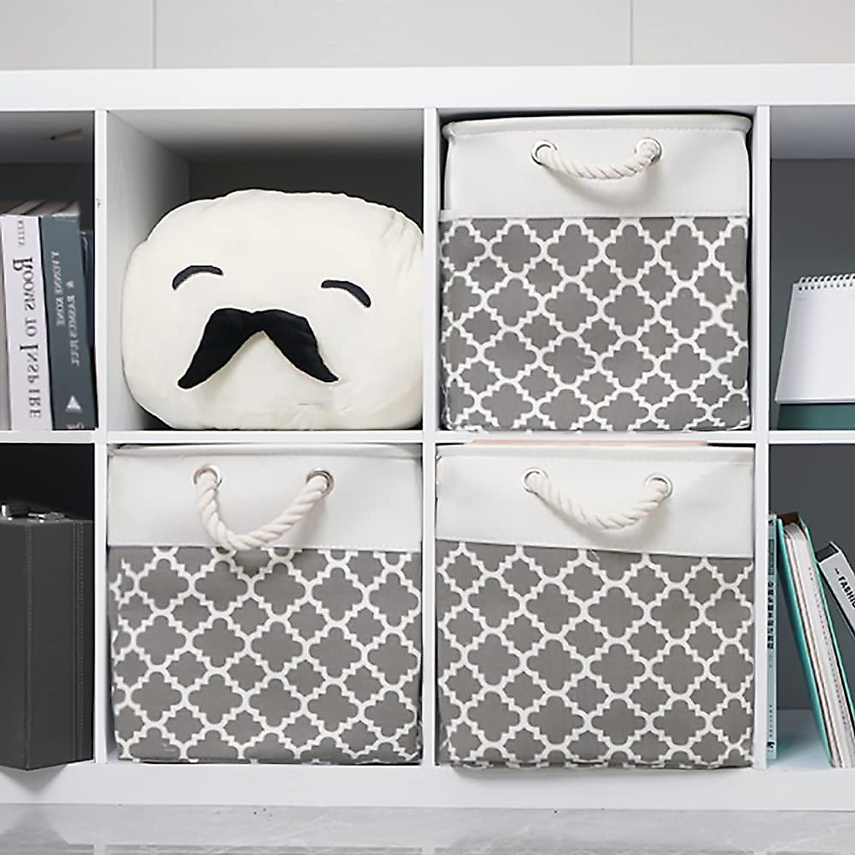 Cozyaver Storage Baskets for Shelves, 13'' x 13'' x 13'' Cube Organizing Closet Nursery Toy Decorative Linen Fabric Organizers with Cotton Handles, 3 Pack Grey Clover