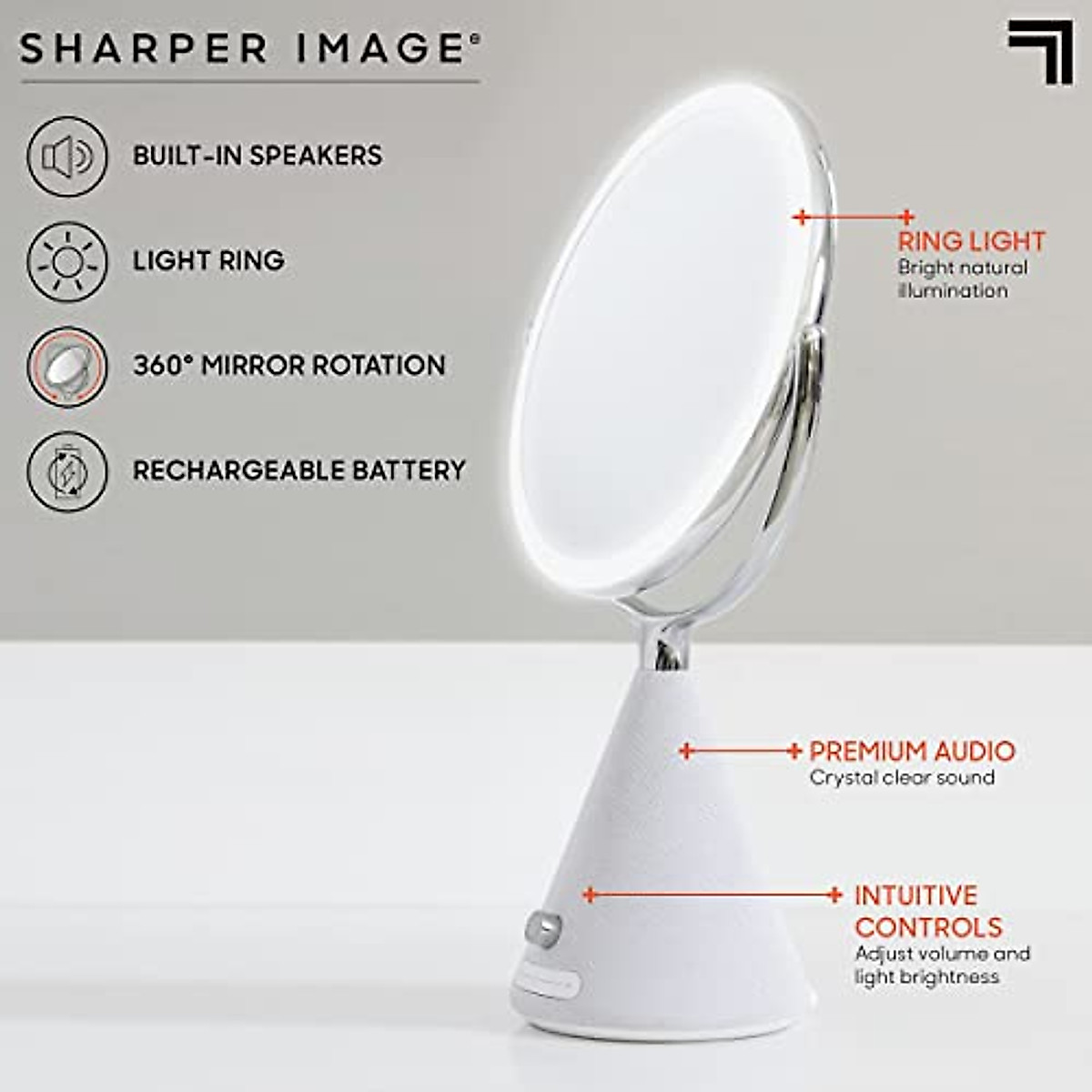 Sharper Image SpaStudio Vanity Sound, 9-Inch LED Mirror with Built-in Speaker, Wireless Bluetooth Audio, Touch-Activated Brightness Controls, Dimmable Halo Light Ring, 5X and 10X Magnification