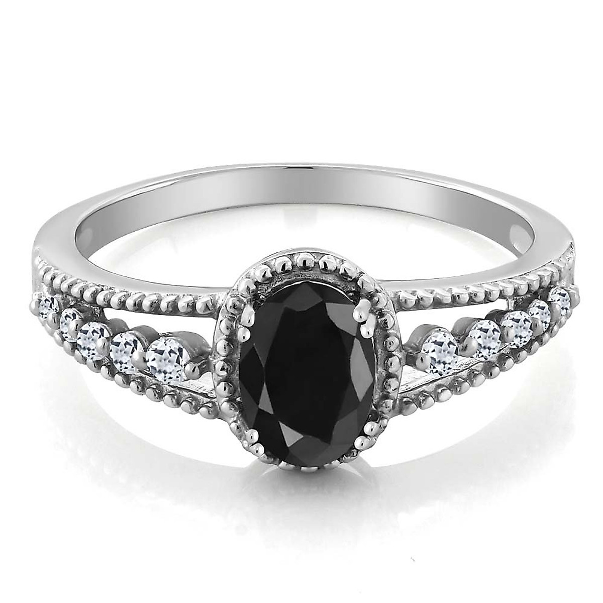 Gem Stone King 925 Sterling Silver Black Sapphire and White Topaz Engagement Ring For Women (1.28 Cttw, Oval 7X5MM, Available in size 5, 6, 7, 8, 9)