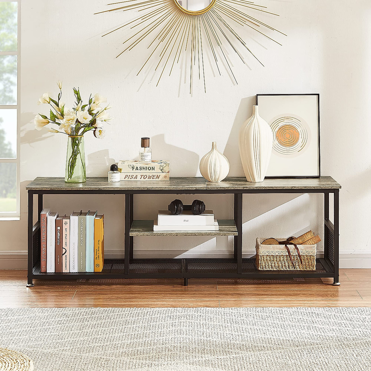 VECELO Industrial TV Stand for Televisions up to 65 Inch, 55" Entertainment Center with Open Storage Shelves for Living Room/Bedroom, 3 Tiers Media Console Table with Metal Frame, Grey, 55 Inches
