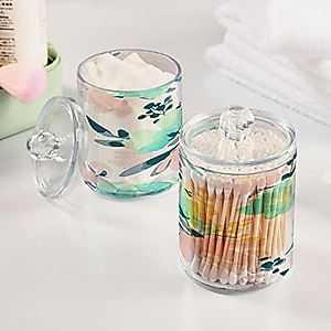 Watercolour Floral Apothecary Jars with Lids, 2 Pack Qtip Holder Dispenser Cotton Ball, Cotton Swab, Floss - 14 oz Clear Plastic Countertop Canister for Bathroom Organizer and Storage Containers