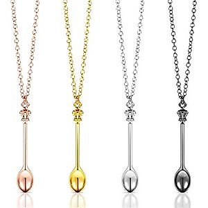 4 Pieces Spoon Necklace Teaspoon Pendant Necklace Crown Teaspoon Mini Spoon for Filling Vials with Salts, Sand, Glitter with Necklace Loop Pendant (Gold, Silver, Rose Gold, Black)