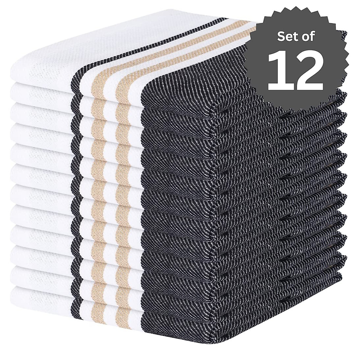 Urbana Cotton Set of 12 Assorted Waffle Kitchen Towels 100% Cotton Super Soft Absorbent Reusable Cleaning Cloths Machine Washable Weave Tea Towel with Hanging Loop (Black, 16 X 26 Inches)