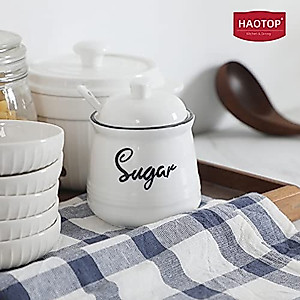 HAOTOP Farmhouse Porcelain Sugar Bowl with Lid and Spoon 12oz,Easy to Clean (White)