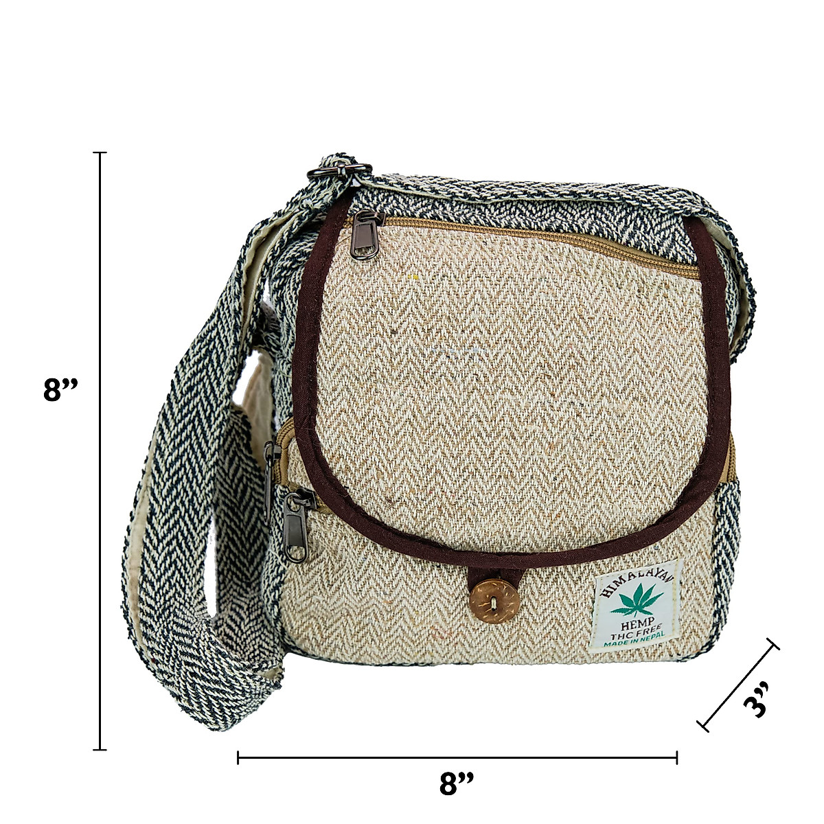 Zen Canyon Natural Hemp Herringbone Cross Body Purse Multipurpose Shoulder Bag, 8 x 8 Inches (Dark Brown)