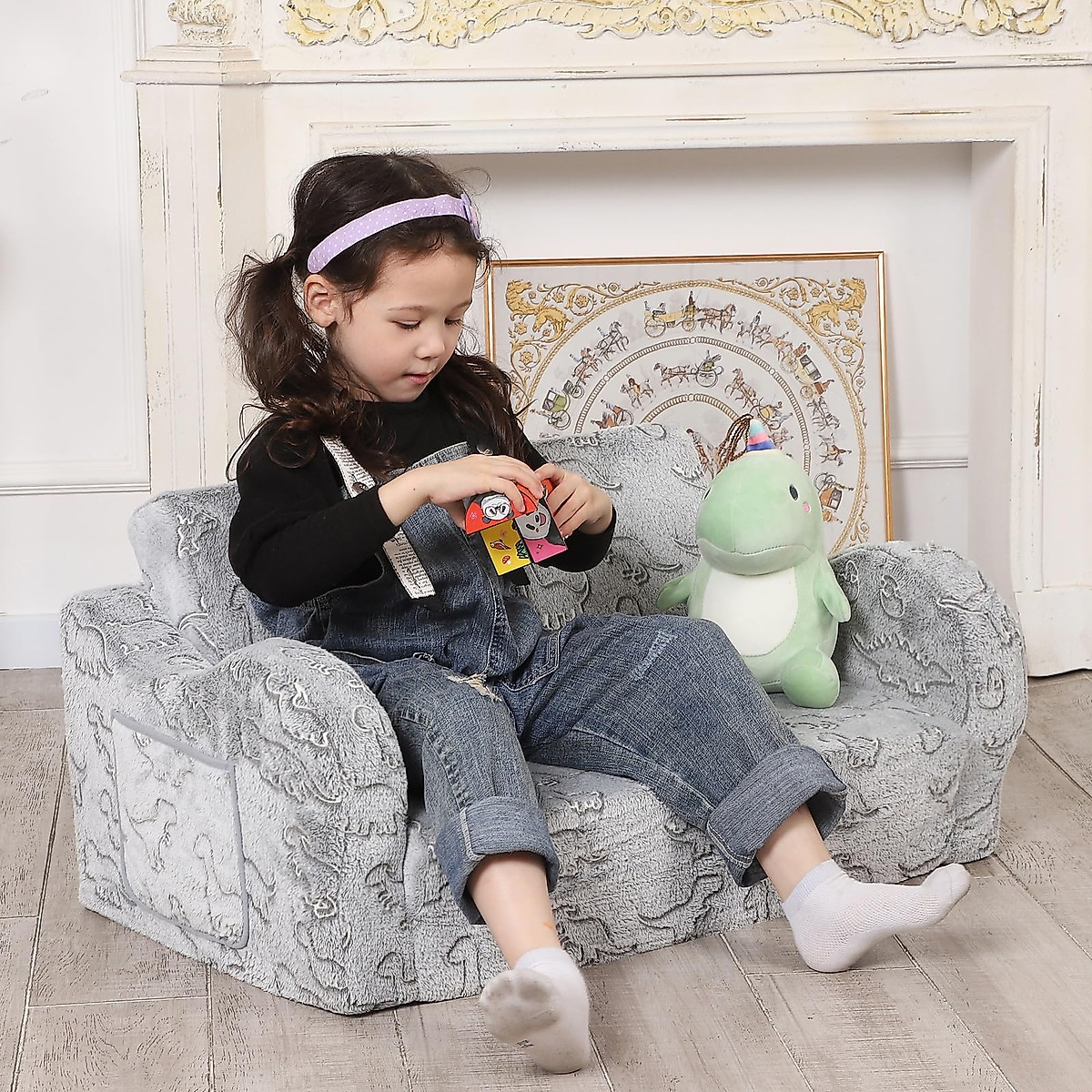 MOMCAYWEX Kids Extra Wide Glow in The Dark Chairs for Toddler, 2-in-1 Toddler Soft Sherpa Couch Fold Out, Convertible Sofa to Lounger for Girls and Boys, Dark Grey