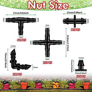 200 Pieces Irrigation Fittings Kit, Drip Irrigation Barbed Connectors for 1/4 Inch Water Hose Connectors, 80 Straight Barbs 60 Tees 20 Elbows 20 End Plug 20 4-Way Coupling for Garden Lawn Drip Systems