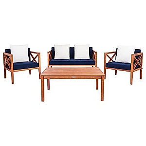 Safavieh PAT7031E Collection Nunzio Teak 4 Pc Accent Outdoor Set, Natural/Navy + Solid Pillow
