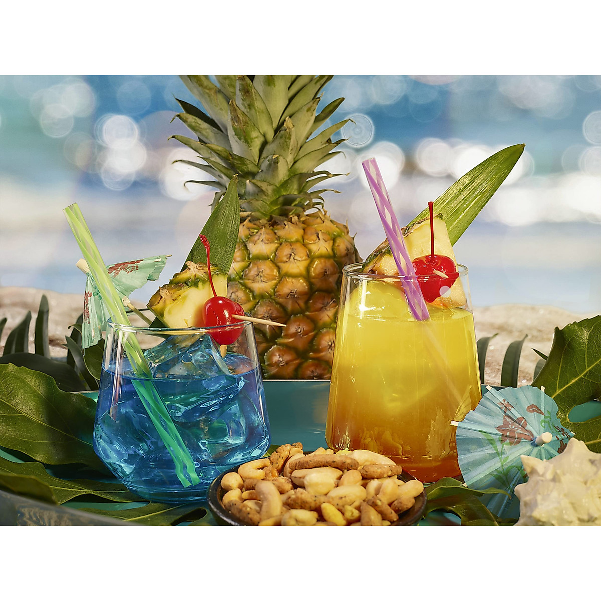 Burns Blue Drinking Glasses, 6 pcs Stemless Wine Glasses Italian-Style, Clear Colored Glass Cup Set, 13 Oz.