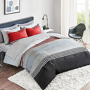 Comfort Spaces Twin XL Comforter Sets with Sheets - Bed in a Bag 6 Pieces Teen Bedding Sets Twin XL, Red and Grey Stripes Bedding Twin XL, College Twin XL Bed Set with 2 Side Pockets Bedroom Organizer