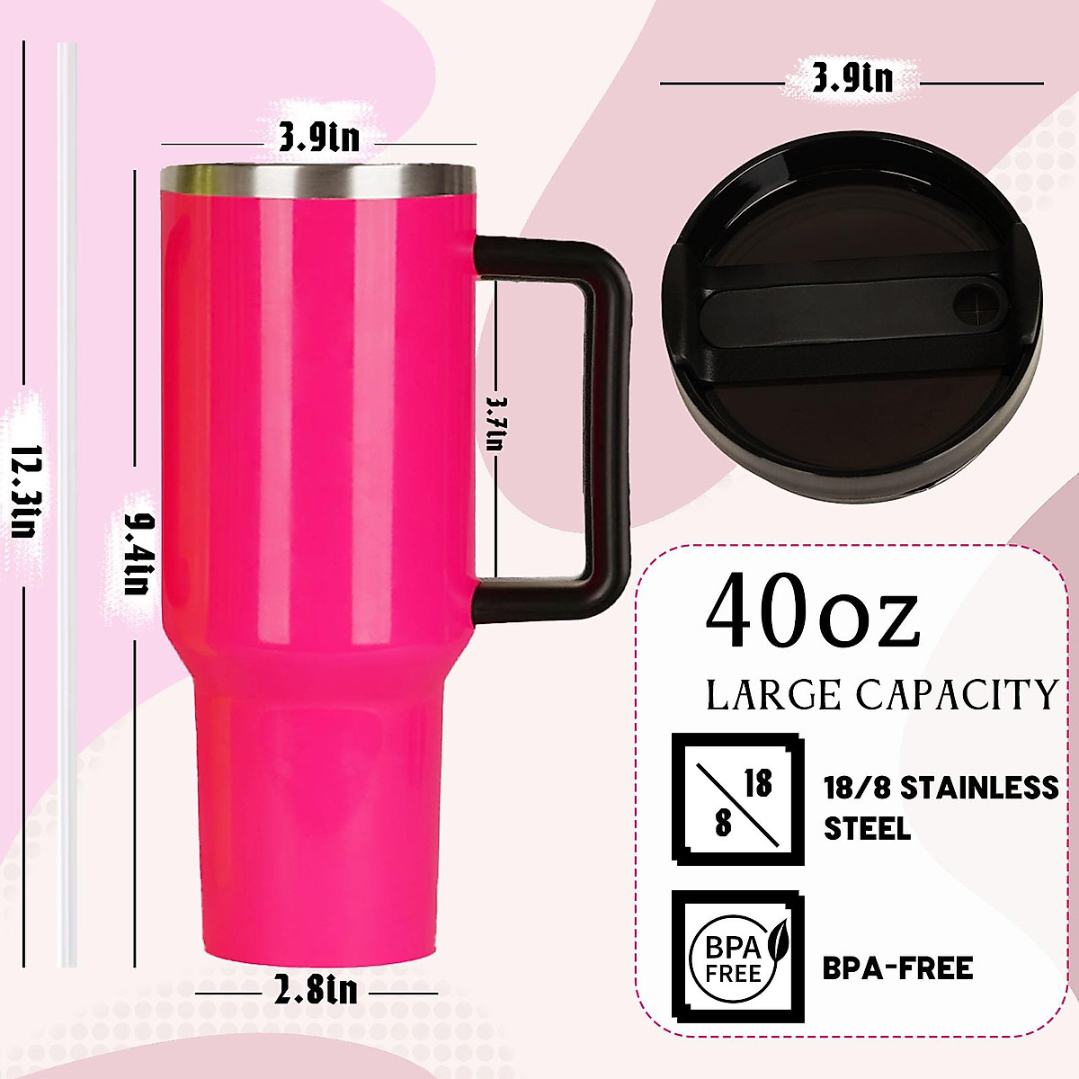HIZEE Insulated 40oz Sublimation Tumbler with Handle&Straw &Lid - Cupholder Friendly Travel Mug - Insulated Stainless Steel Double Wall Spill Proof Water Bottle - Gifts for Women Men Him Her (pink)