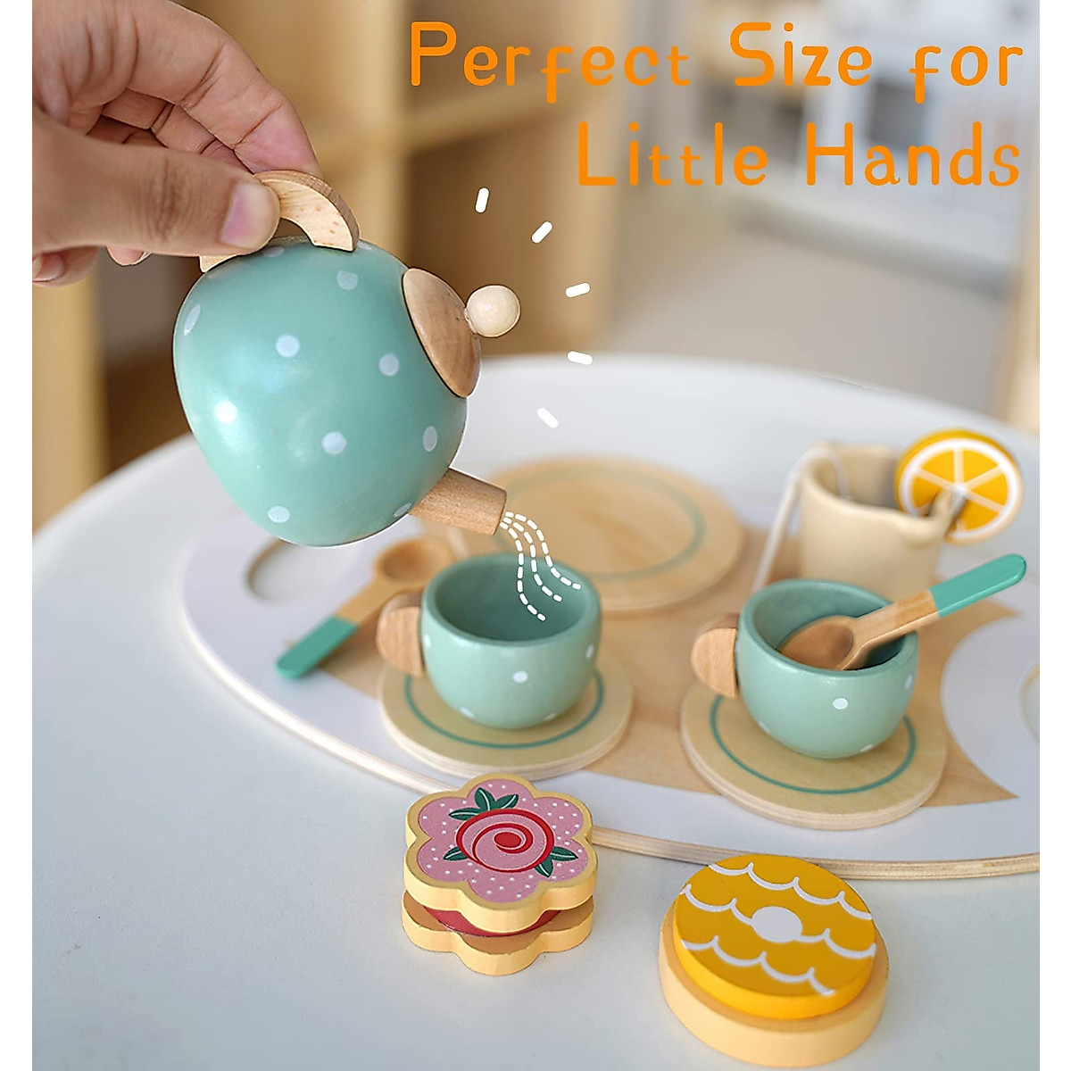 Wooden Tea Party Set for Little Girls Toys, Pretend Play Kids Tea Set for Toddlers Wood Toys, Wooden Play Food Kitchen Accessories Sets for Kid