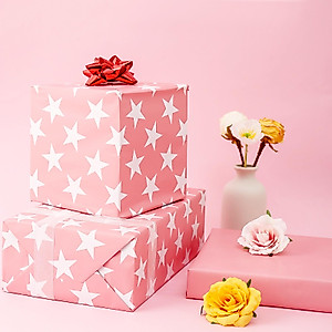 U'COVER Pink Gift Wrapping Paper Roll for Girls Women Birthday Baby Shower Wedding Christmas Valentines Day Anniversary Graduation Holiday Gift Wrap Rolls Star Pattern Medium Roll (PINK)