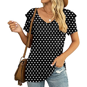 YVH Women's Tops, Tees & Blouses Summer Short Sleeve Ruffle V Neck Semi Casual Shirts for Women, Polka Dot Black, L