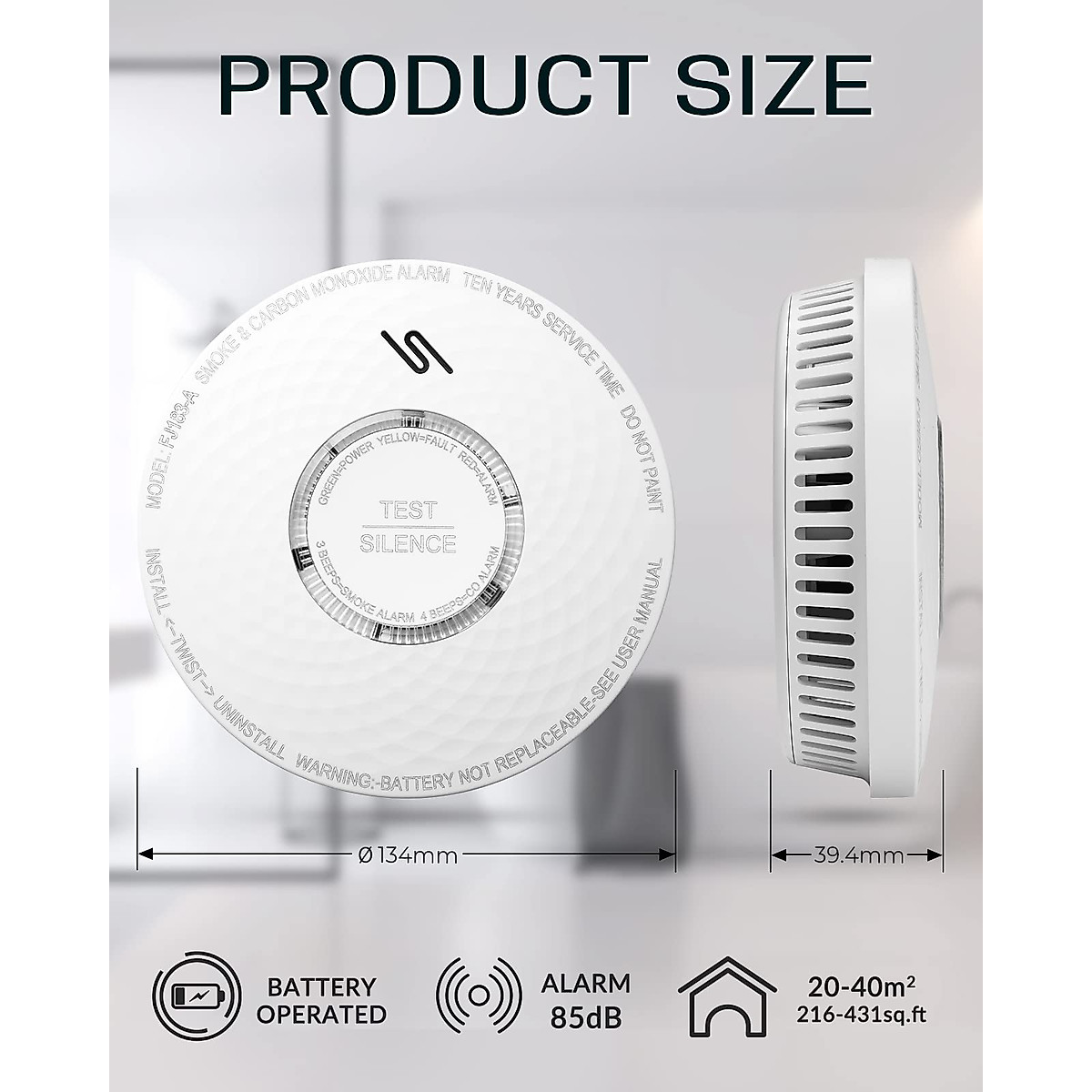 Ecoey 10-Year Smoke and Carbon Monoxide Detector, Dual Sensor Smoke CO Alarm with Built-in Battery and Silence Function,FJ183-A,4 Packs