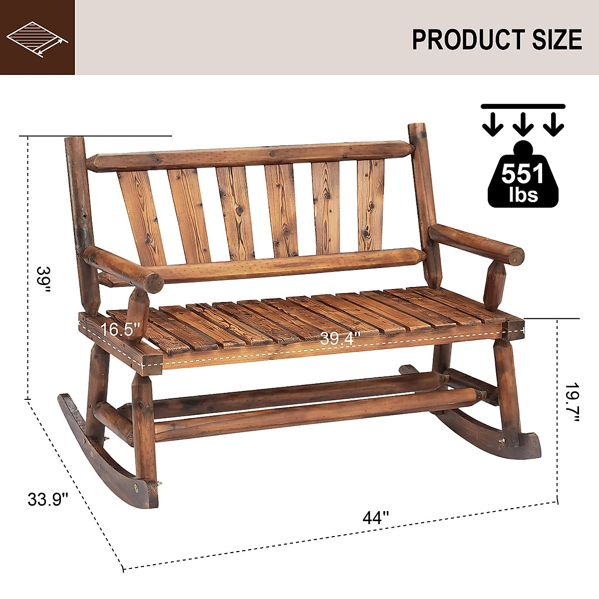 FURNDOOR Outdoor Wooden Rocking Double Chair, Rustic Log Porch Rocking Bench Rocker Chair for Patio, Backyard, Garden (2-Seat), Brown
