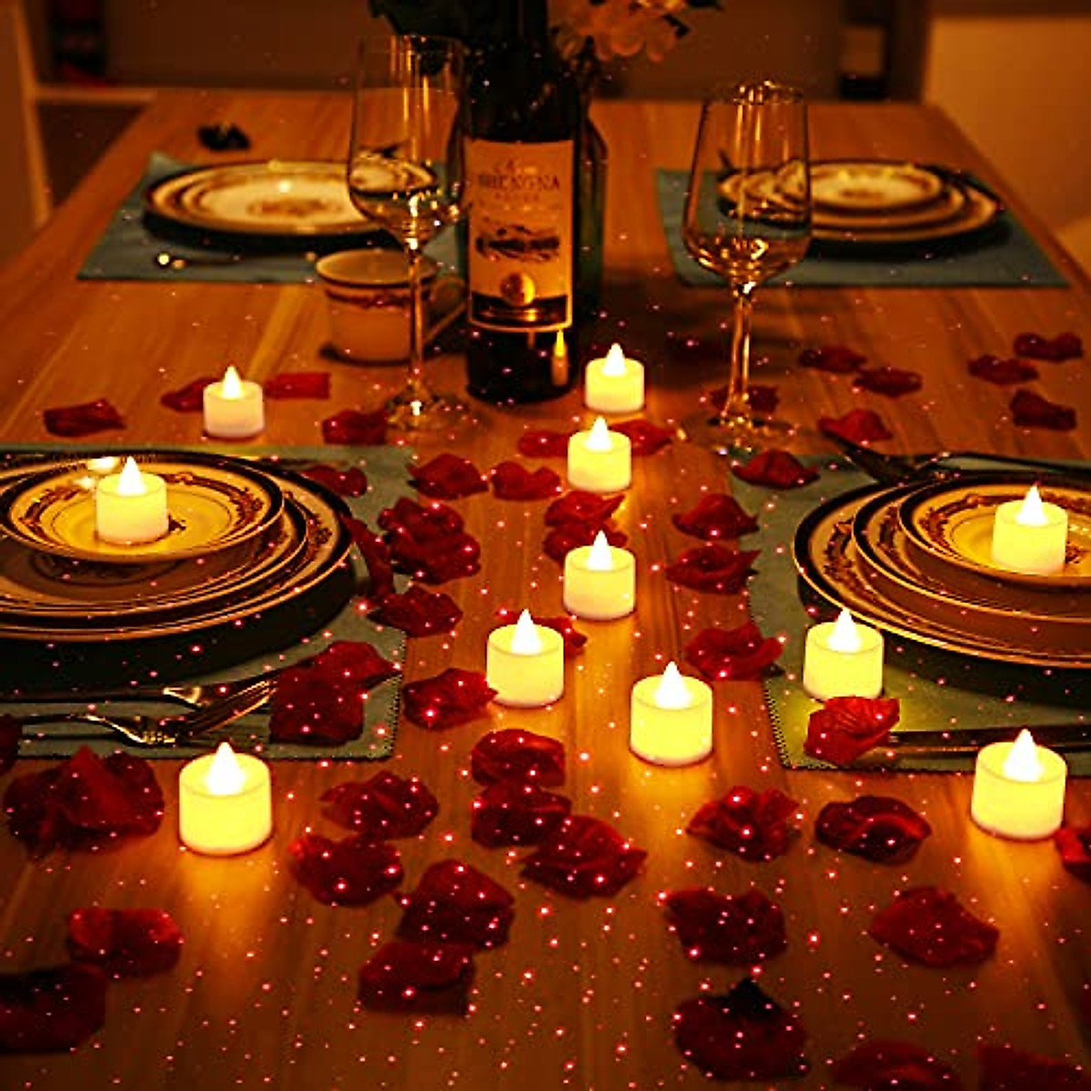 Valentine's Day 1000 Pieces Rose Flower Petals with 12 Pieces LED Love Candle Tealight Candles, 1 Piece USB Night Light for Valentine Day Proposal Wedding Birthday Party Decoration Table Centerpiece