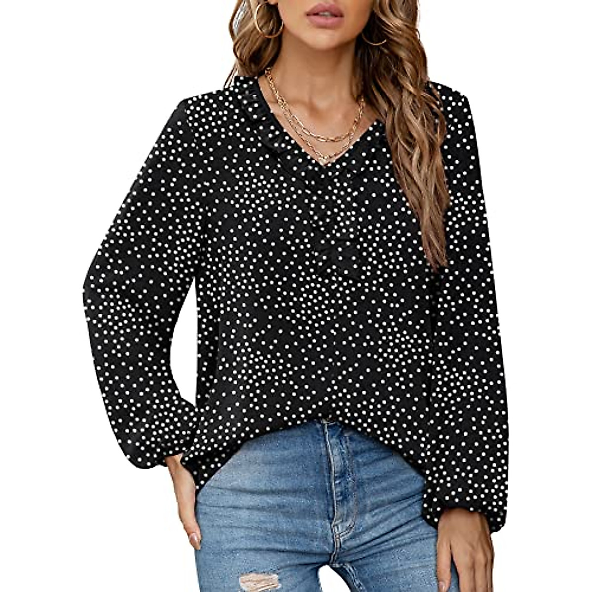 VIISHOW Black Dot Polka Dot Tops Fashion Casual V Neck Ruffled Womens Blouse (Black Dot, Medium)