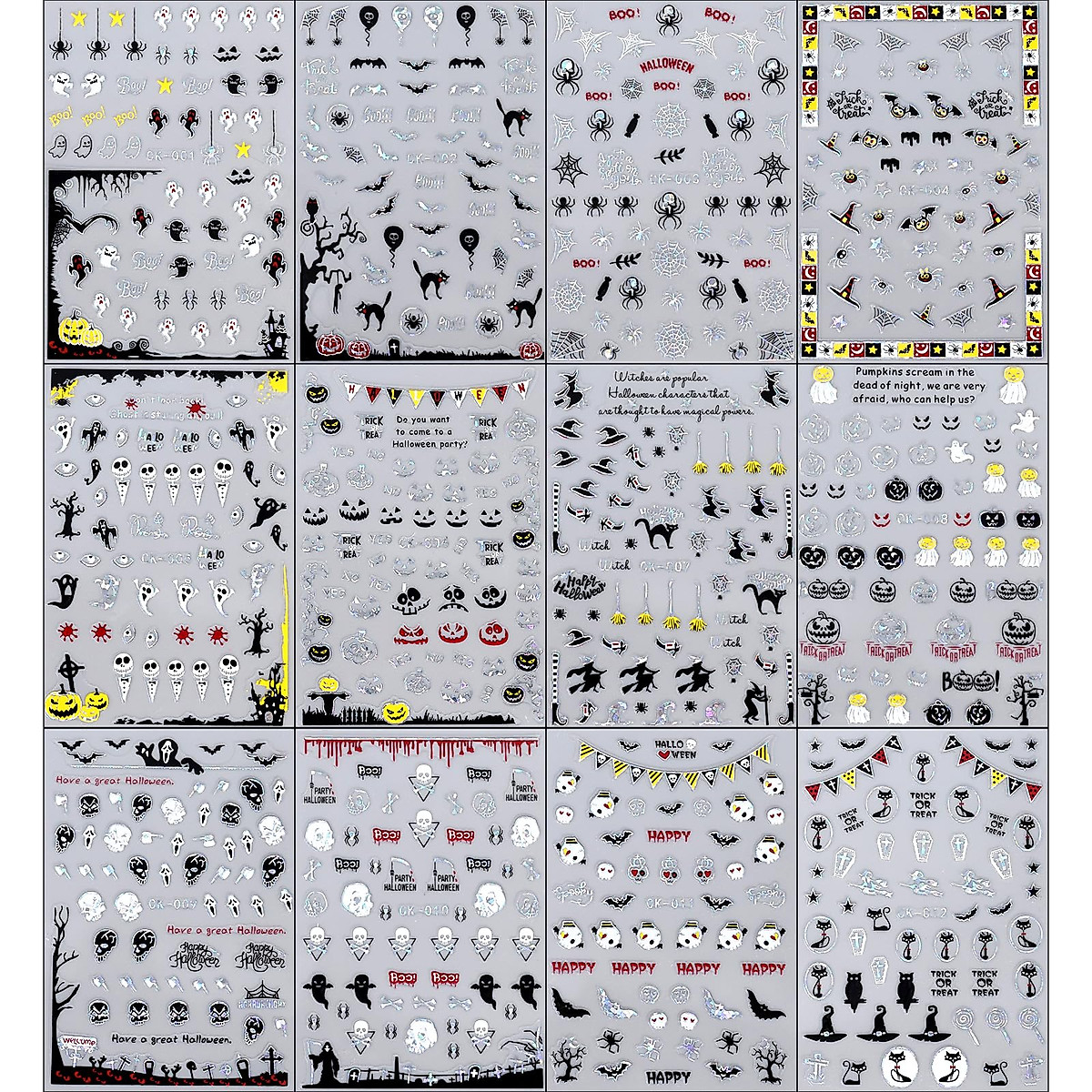 JMEOWIO 12 Sheets Halloween Nail Art Stickers Decals Self-Adhesive Pegatinas Uñas Skull Ghost Witchy Spider Web Bat Pumpkin Spook Nail Supplies Nail Art Design Decoration Accessories