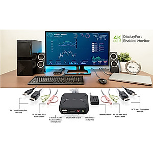 IOGEAR 2-Port USB DisplayPort Cable KVM Switch - 4K 30Hz - Remote Switch Button - Plug n Play - USB Expandable With USB Hub - 7.1 HD Audio - Mac Win - GCS52DP