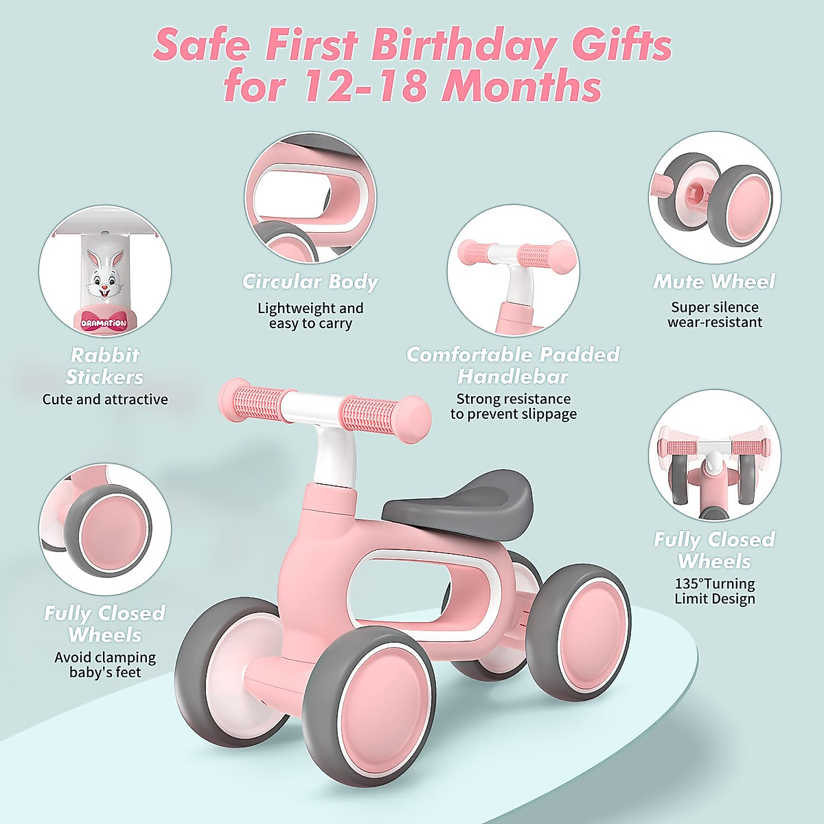 DRAMATION Baby Balance Bike for 1 Year Old Girls Gifts, 10-12 Months No Pedal Toddler Balance Bike with 4 Silence Wheels, 1st Birthday Gift, Ride On Toys for Boys Girls 1 Years Old, Pink