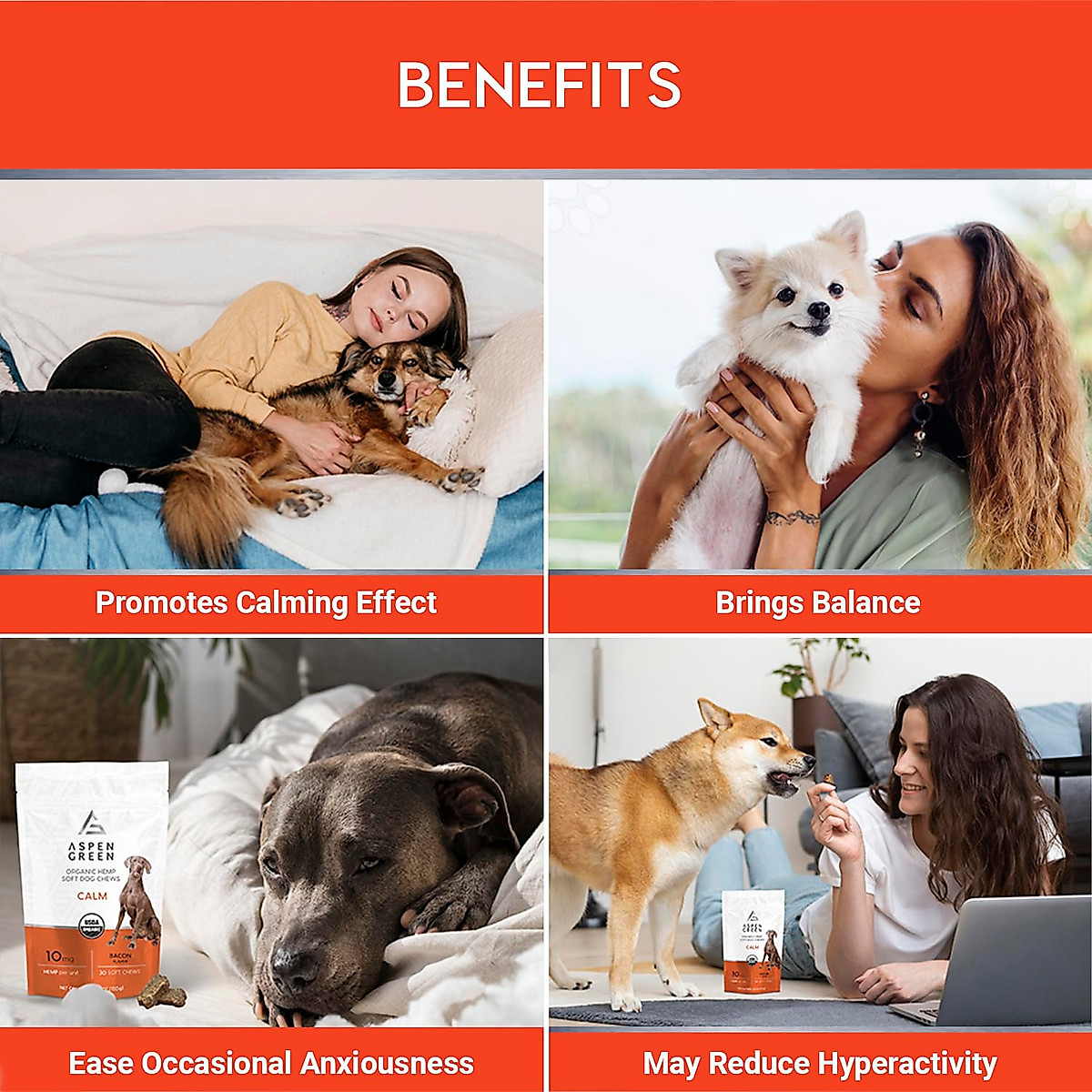 Aspen Green USDA Certified Organic Hemp Calming Chews for Dogs - Soft Dog Calming Treats May Support Dog Anxiety Relief (10mg Organic Hemp per 4g Chew - 30 Hemp Treats for Dogs per Bag) - Bacon Flavor