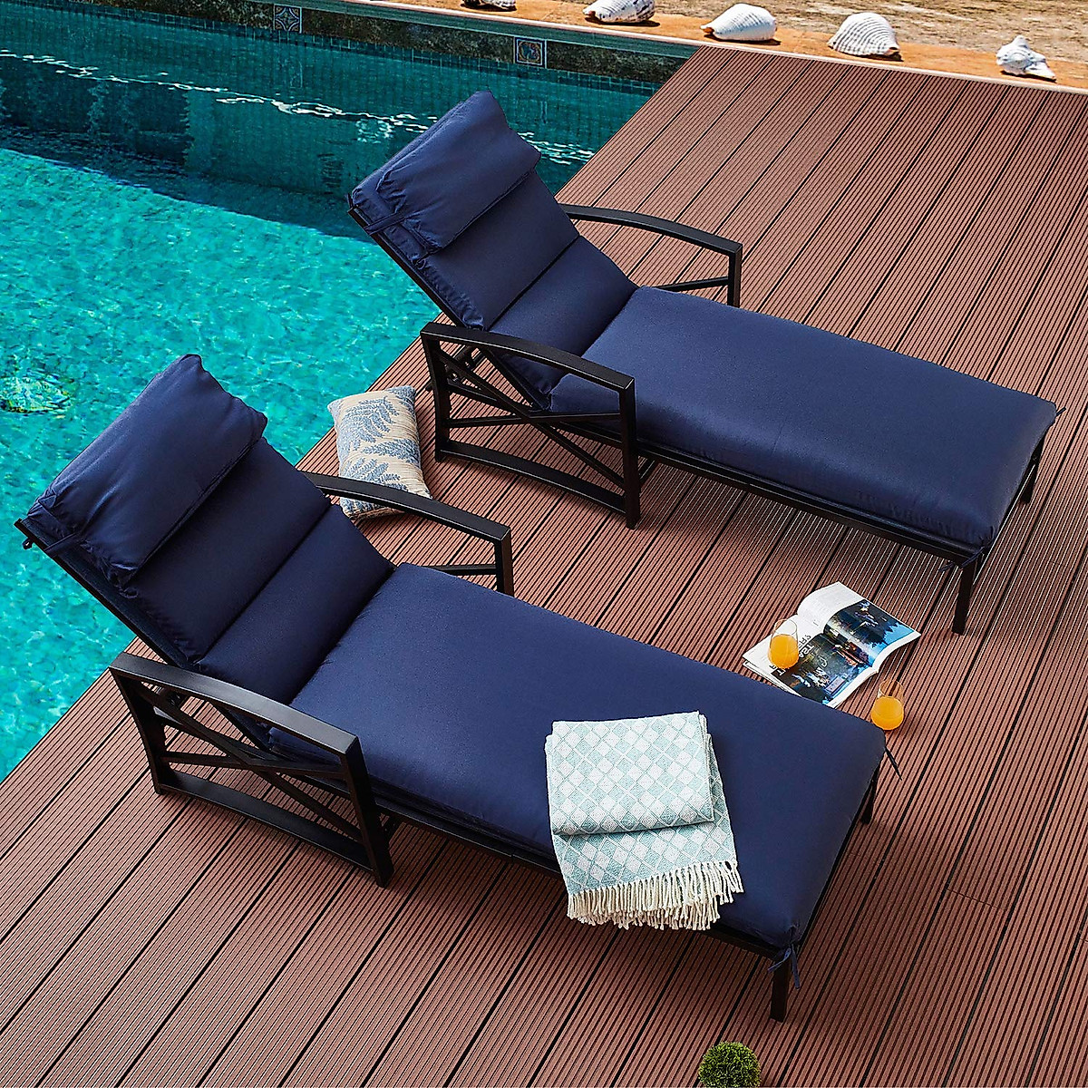 PatioFestival Patio Chaise Lounge Outdoor Adjustable Back Cushioned Chairs All Weather Steel Frame Lounger with Blue Pillow(2Pcs)