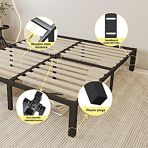 ROIL 14 inch Queen Size Bed Frame with Wood Slats - 3500lbs Heavy Duty No Box Spring Needed Platform, Mattress Stoppers Double Metal Noise Free Bedframe with Headboard Hole Underneath Storage