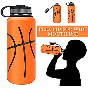 LaiChary 32oz Wide Mouth Basketball Water Bottle with Two Lids(Straw, Handle Lid), 18/8 Stainless Steel Vacuum Insulated for Travel & Sport Cup. (Basketball Brown, 32oz)
