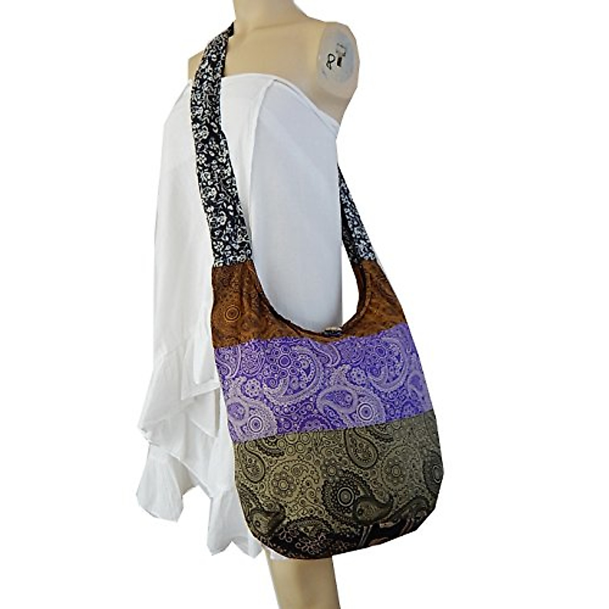 BTP! Thai Cotton Hippie Hobo Sling Crossbody Bag eco Friendly Shopping bag Paisley Print Large (Patchwork Random Colors PWP)