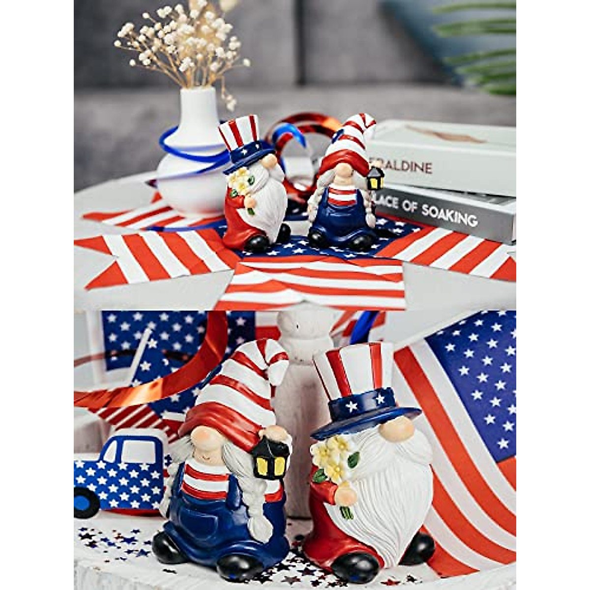DN DECONATION 4th of July Gnomes Decor Patriotic Gnome Decorations 2 Pcs Red White and Blue Figurines American Stars Stuff Stripes Gnome Gifts for Fourth of July Independence Day