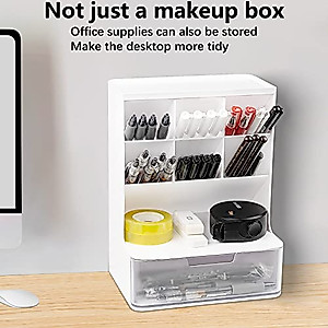 YARRAMATE Makeup Organizer with Brush Holder and Clear Drawer, Cosmetic Organizer and Storage in Bathroom, Dorm Room, Bedroom organizer for dresser, Cosmetic Display Cases (Artic White)