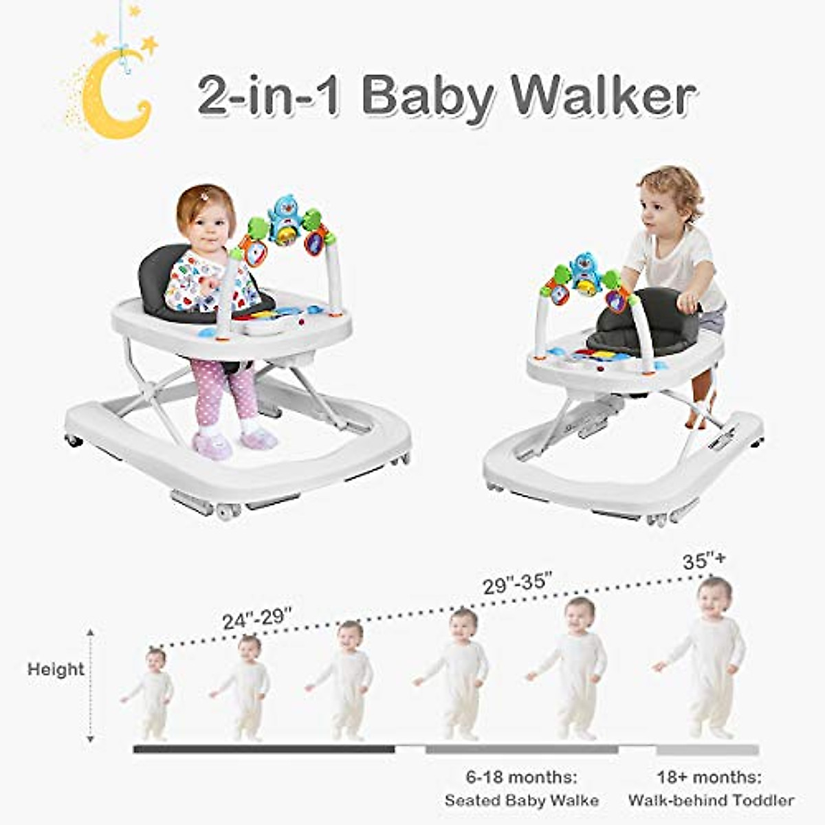 HONEY JOY Baby Walker, Foldable Push Learning Walker Toy-Seated & Walk-Behind with Wheels, Interactive Piano & Pedants, Adjustable Height & & Speed, Padded Seat, Baby Walkers for Boys Girls(Gray)