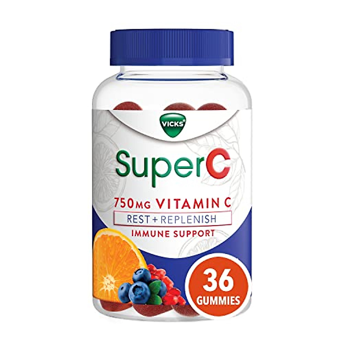Vicks SuperC Vitamin C Gummies, Rest & Replenish, Immune Support (Vitamin C, Ashwagandha, Echinacea, Chamomile) Citrus Berry Flavored, 36 Gummies