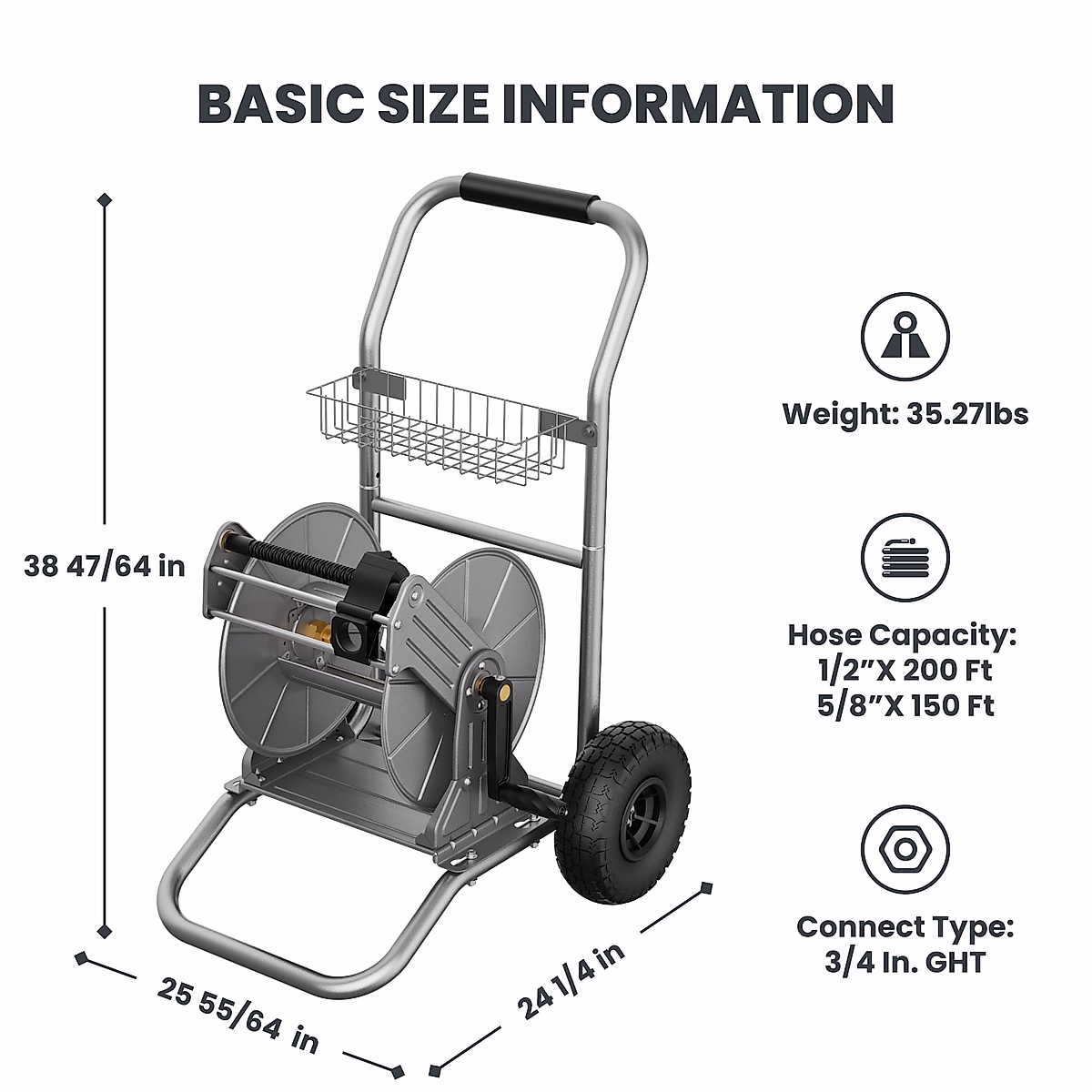 Giraffe Tools Garden Hose Reel Cart with Wheels, Heavy Duty Metal Water Hose Reel Cart, 200 ft of 1/2 Capacity, Mobile Hose Reel Cart for Outside