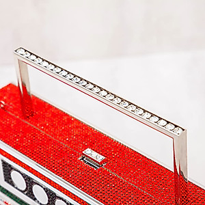 TiffyDance Women Color Rhinestone Bling Radio Shape Handbag Glitter Evening Bag for Wedding Party Bridal (red)