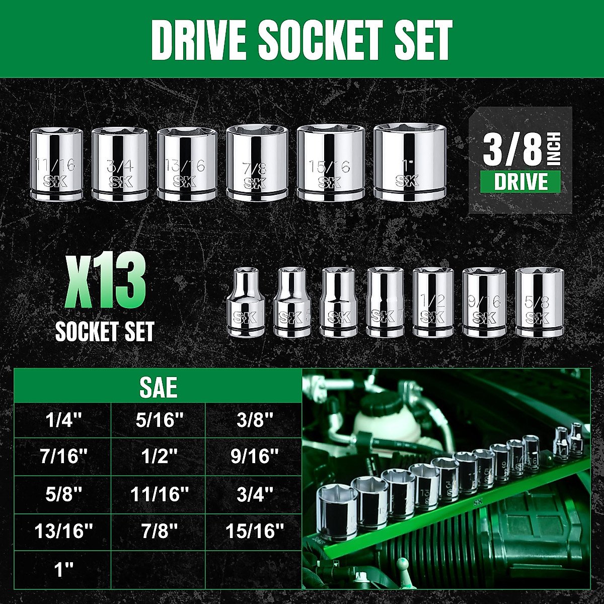 SK 3/8" Drive Socket Set, SAE Sockets, 13-Piece, 1/4" to 1", SuperKrome Finish, Premium CR-V Construction, with Aluminum Socket Organizer