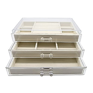 DQUTAR Acrylic Jewelry Organizer with 3 Drawers, Velvet Clear Jewelry Box for Earring Necklace Ring & Bracelet Display Storage Case for Women Girls