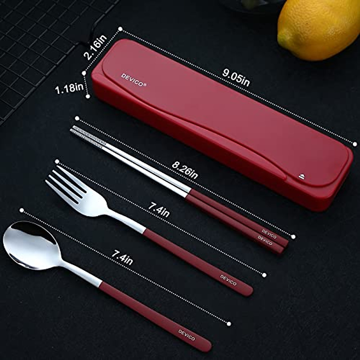 DEVICO Travel Utensils, 18/8 Stainless Steel 4pcs Cutlery Set Portable Camp Reusable Flatware Silverware, Include Fork Spoon Chopsticks with Case (Red)