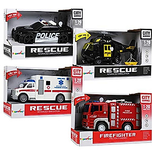 TeganPlay Emergency Vehicles Toy Set [4 Pack] | Ambulance, Fire Engine Truck, Rescue Helicopter, Police Car Toys for Boys | Friction Powered with Realistic Lights and Sounds