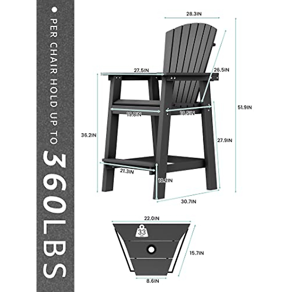 KINGYES Balcony Chair Tall Adirondack Chair Set of 2 Outdoor Adirondack Barstools with Connecting Tray - Patio Stools Weather Resistant for Deck Balcony Pool Backyard, Gray