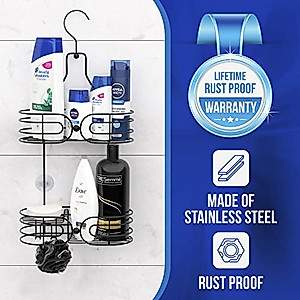 SKATCO Hanging Shower Caddy - 2-Tier Rust-Resistant Stainless Steel Shelves Chrome Rack Organizer Bathroom Basket Storage Holds Shampoo, Conditioner, Soap, Bath Sponge, Razors, Washcloths - BLACK