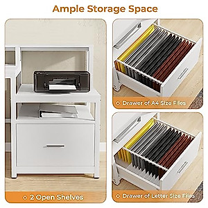 SEDETA White Computer Desk with File Drawer and Power Outlet, 66'' Home Office Desk with Drawer, Storage Shelves and Printer Shelf, Computer Table Study Writing Desk Workstation with Monitor Shelf
