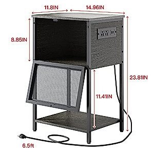 NONGSHIM Nightstand with Charging Station and USB Ports, Night Stand with Flip Drawer and Open Storage Shelf,Bedside Table for Small Spaces,Side End Table for Bedroom,Living Room-Grey