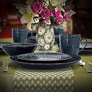 Elama Round Stoneware Embossed Dinnerware Dish Set, 16 Piece, Sea Blue with Brown Trim