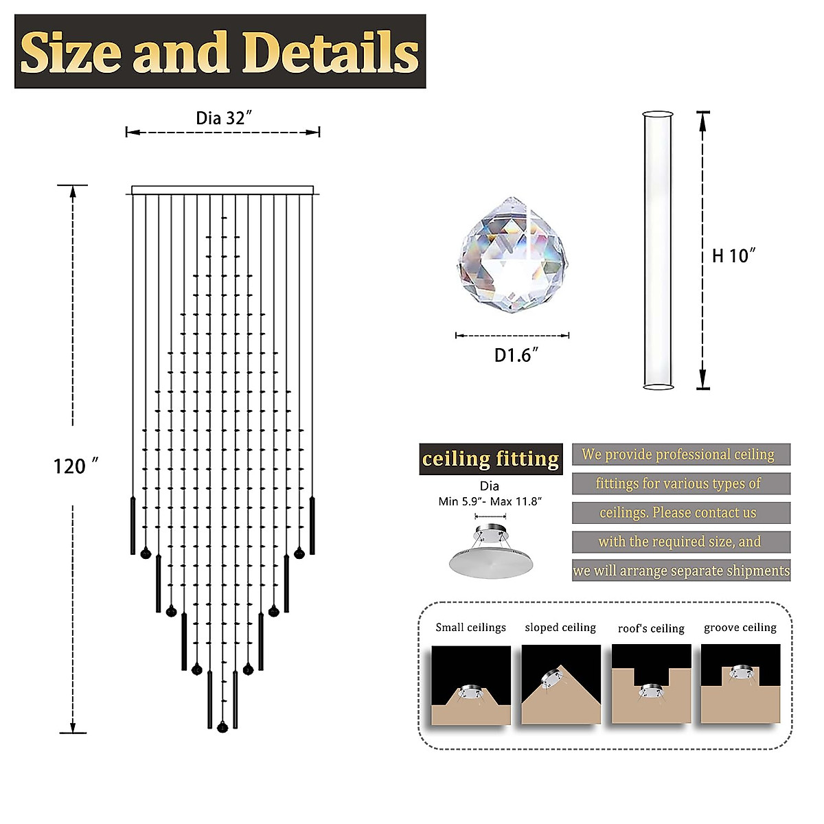 Flashing God D32''X H120'' High Ceiling Chandelier Crystal Raindrop Chandeliers Staircase Large Chandelier Villa Entrance Foyer Ceiling Light High Ceiling Pendant Light Fixture,12 Bulbs Include