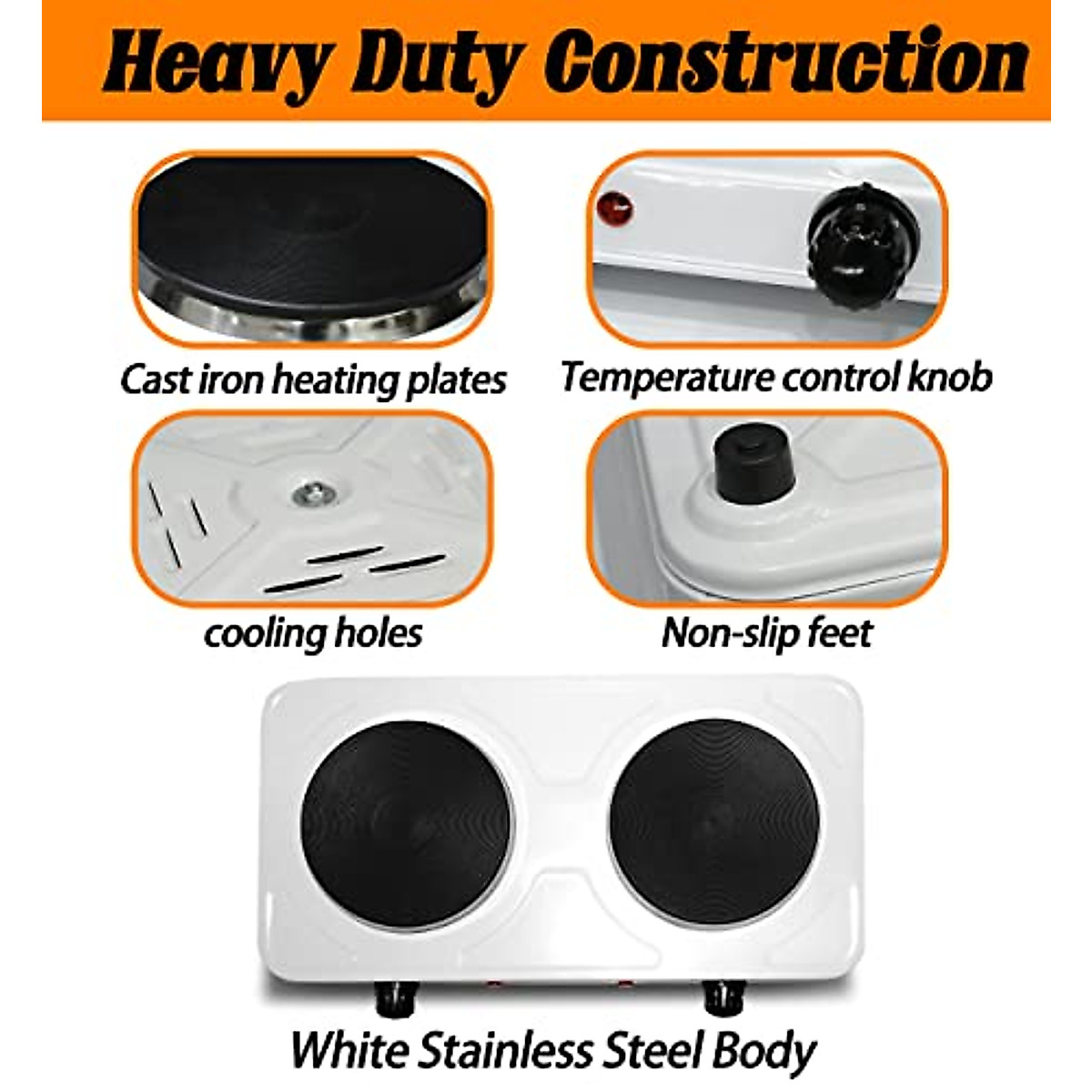 VNIMTI 2000W Countertop Burner Electric Double Hot Plate Stainless Steel Flat Burner Cast Iron Cooktop for Dorm, Office, Home, camping. Temperature Control & Compatible with All Cookware & Fast Heating & Easy to Clean & Portable Compact, White